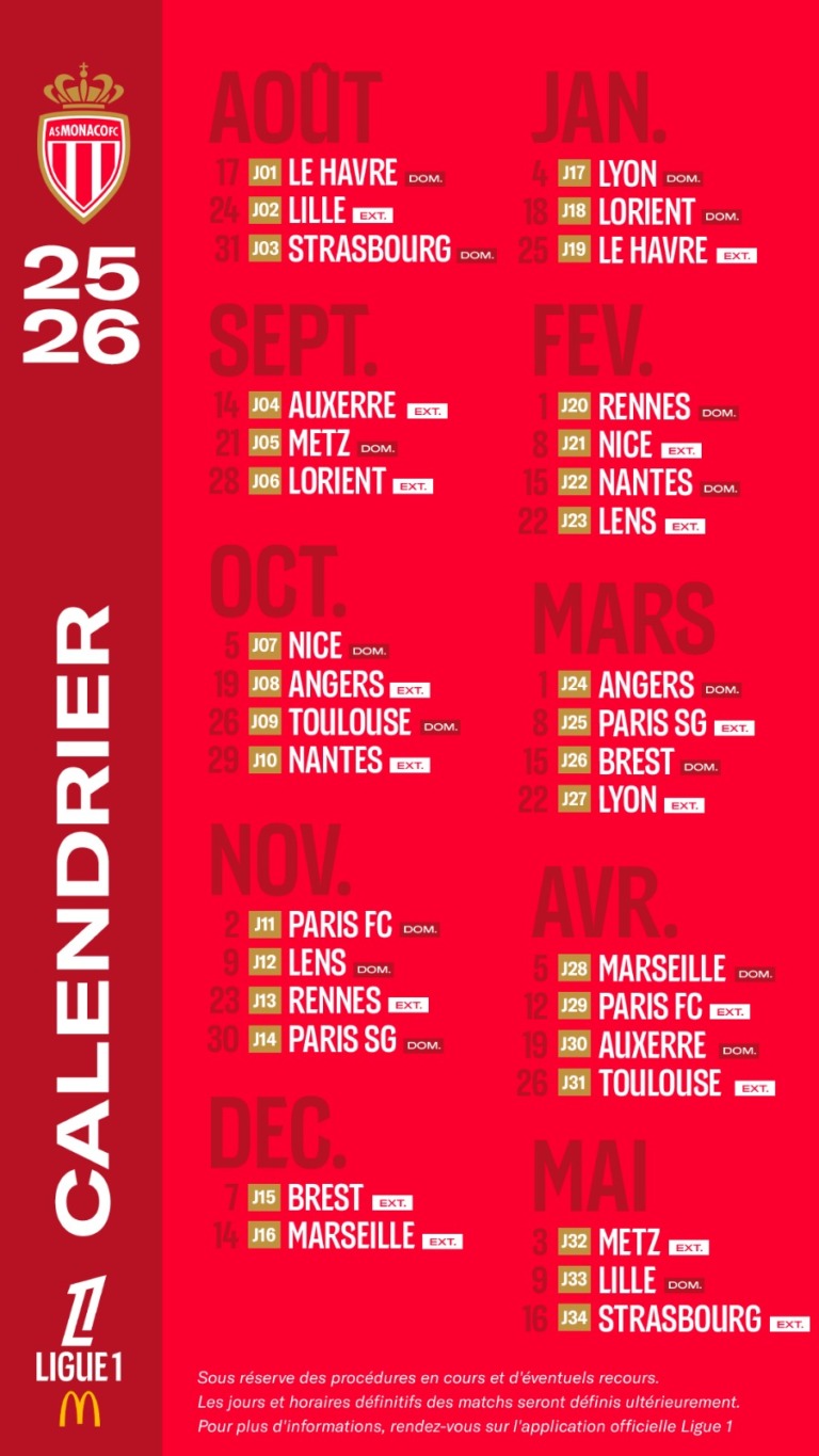 Discover AS Monaco's calendar for the 2025-2026 Ligue 1 season